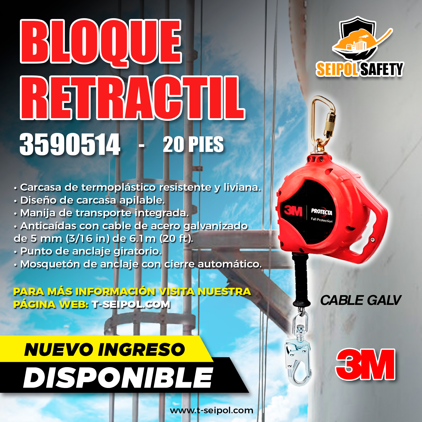 BLOQUE 3M PROTECTA 20 PIES(6.1) – 3590514 CABLE GALV | SEIPOL SAFETY